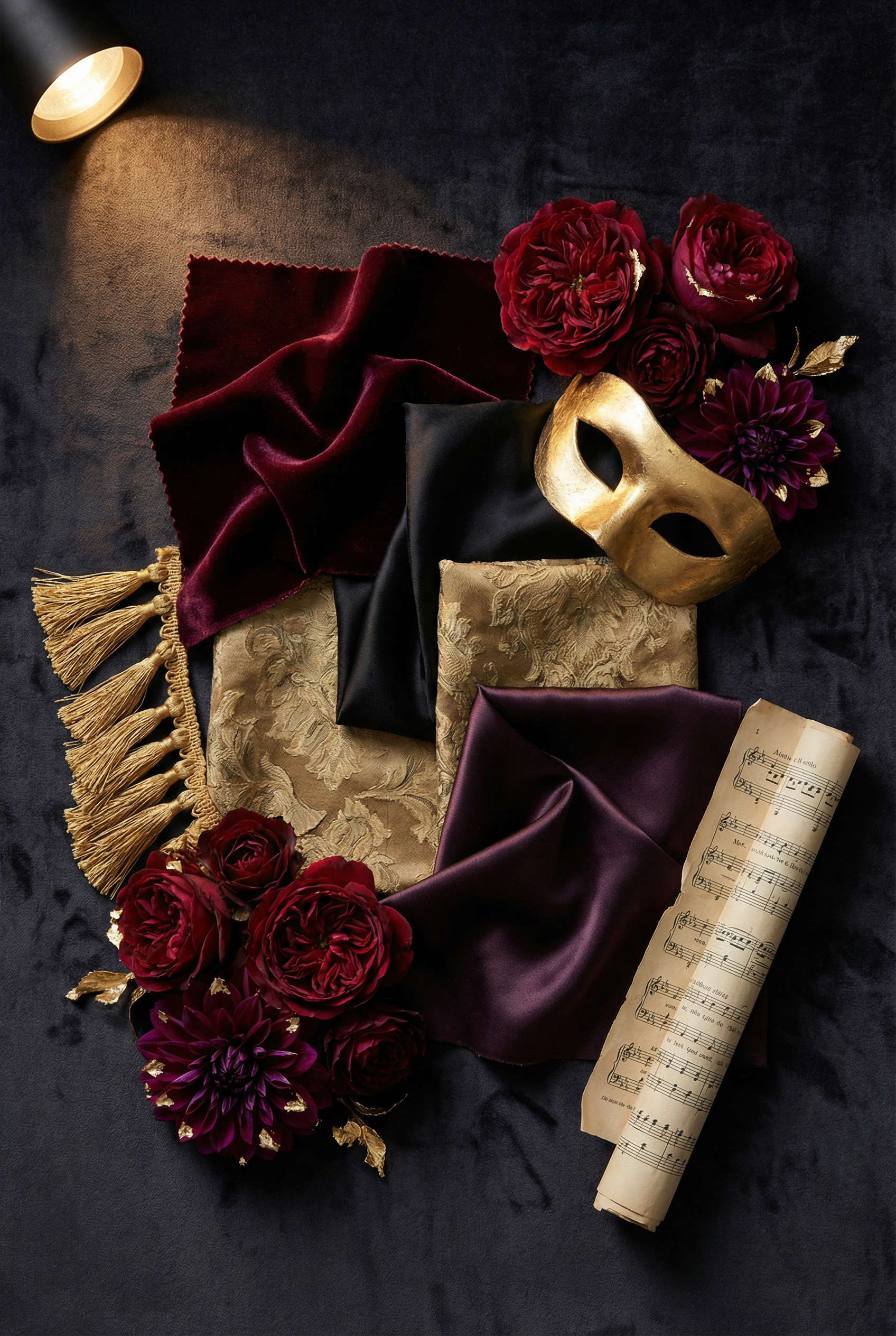 A luxurious mood board layout showcasing the Opera Aesthetic wedding ...