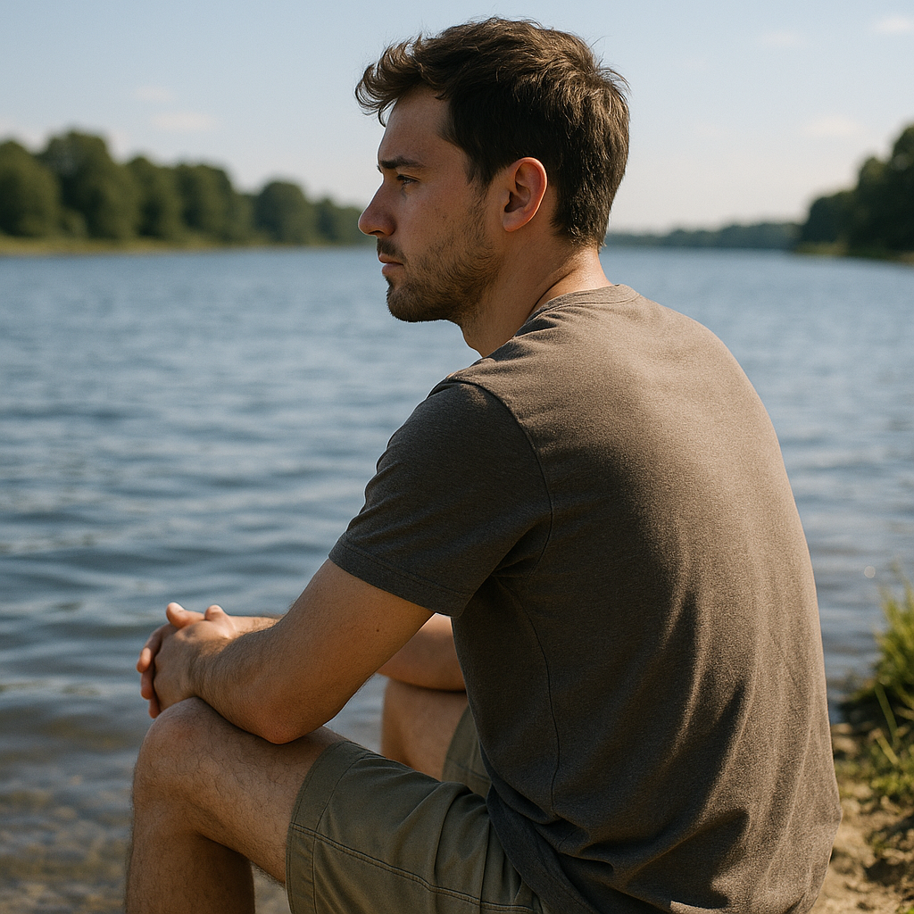 create a image of an guy sitting at the water { "photorealisticStyle ...